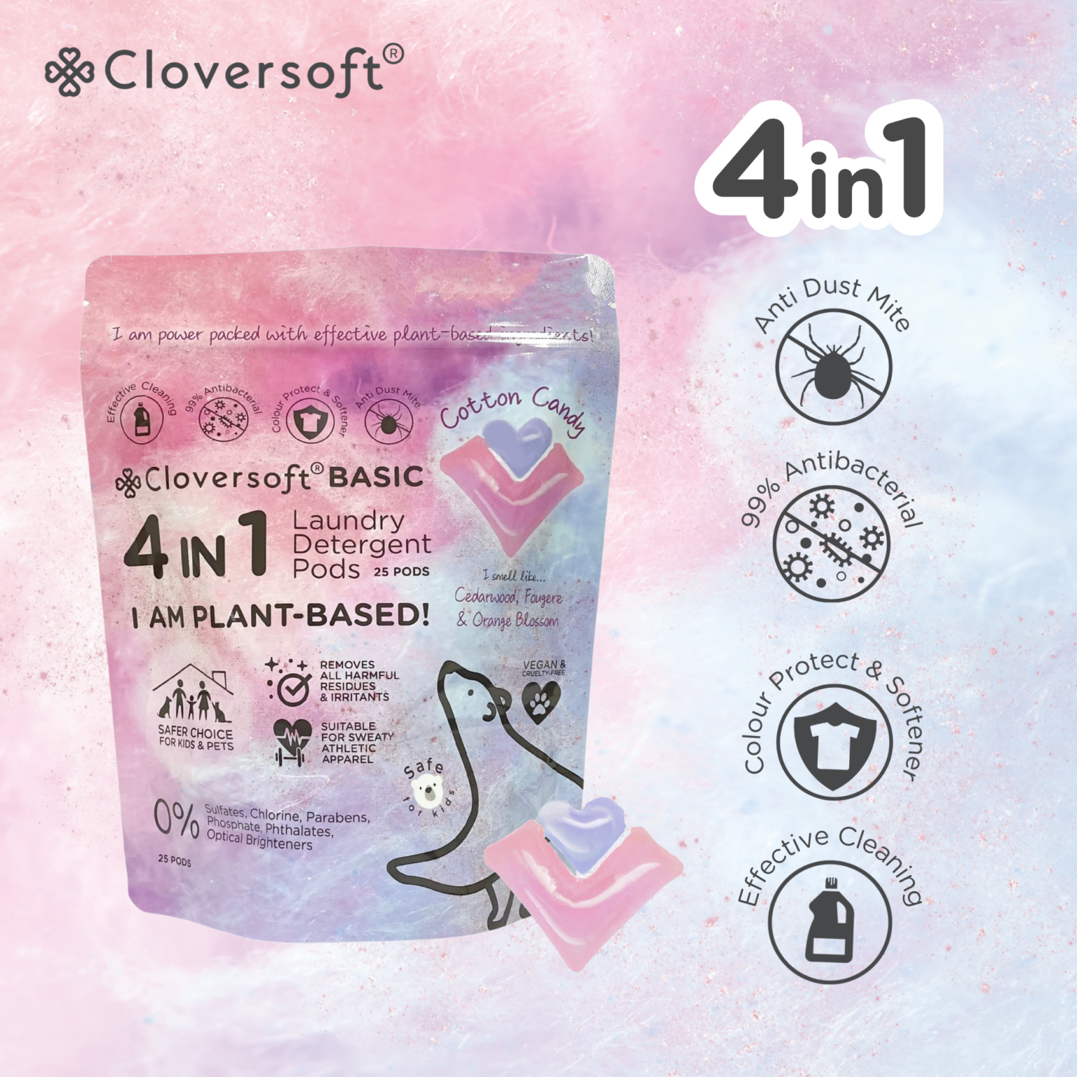 Cotton Candy 4-in-1 Laundry Pods - Safe for Kids
